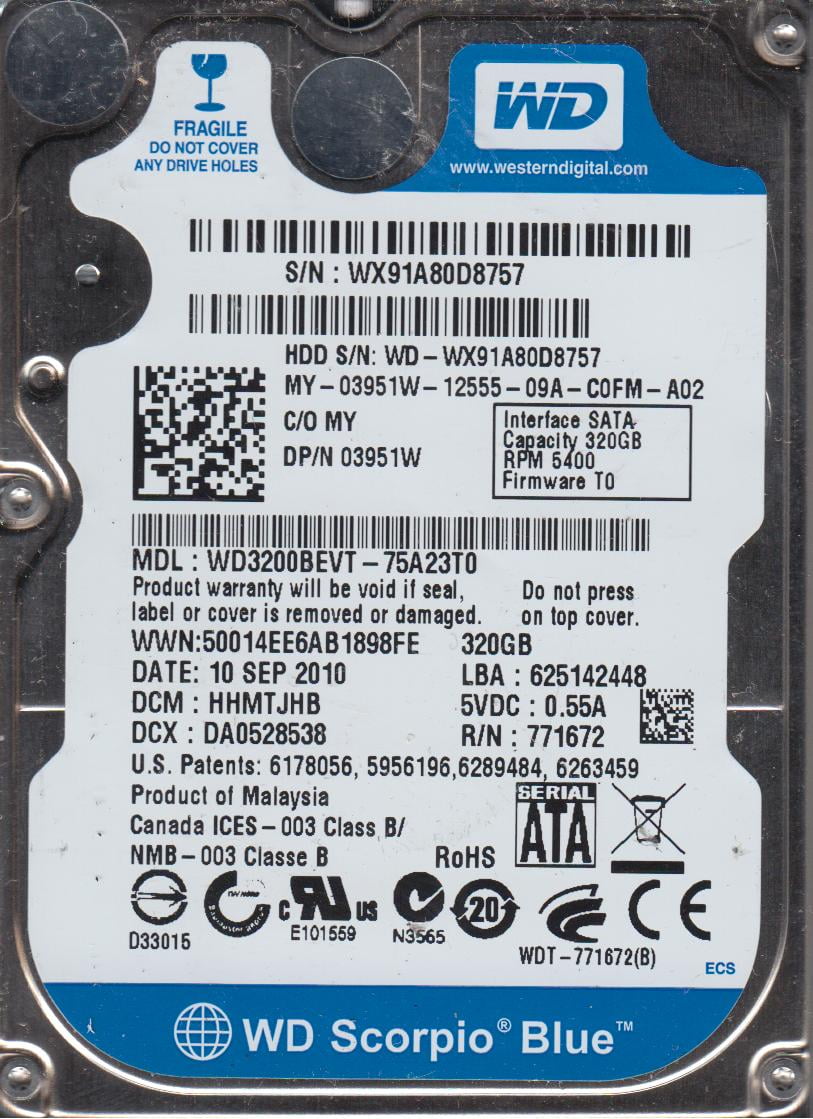 WD3200BEVT-75A23T0, DCM HHMTJHB, Western Digital 320GB SATA 2.5 Hard ...