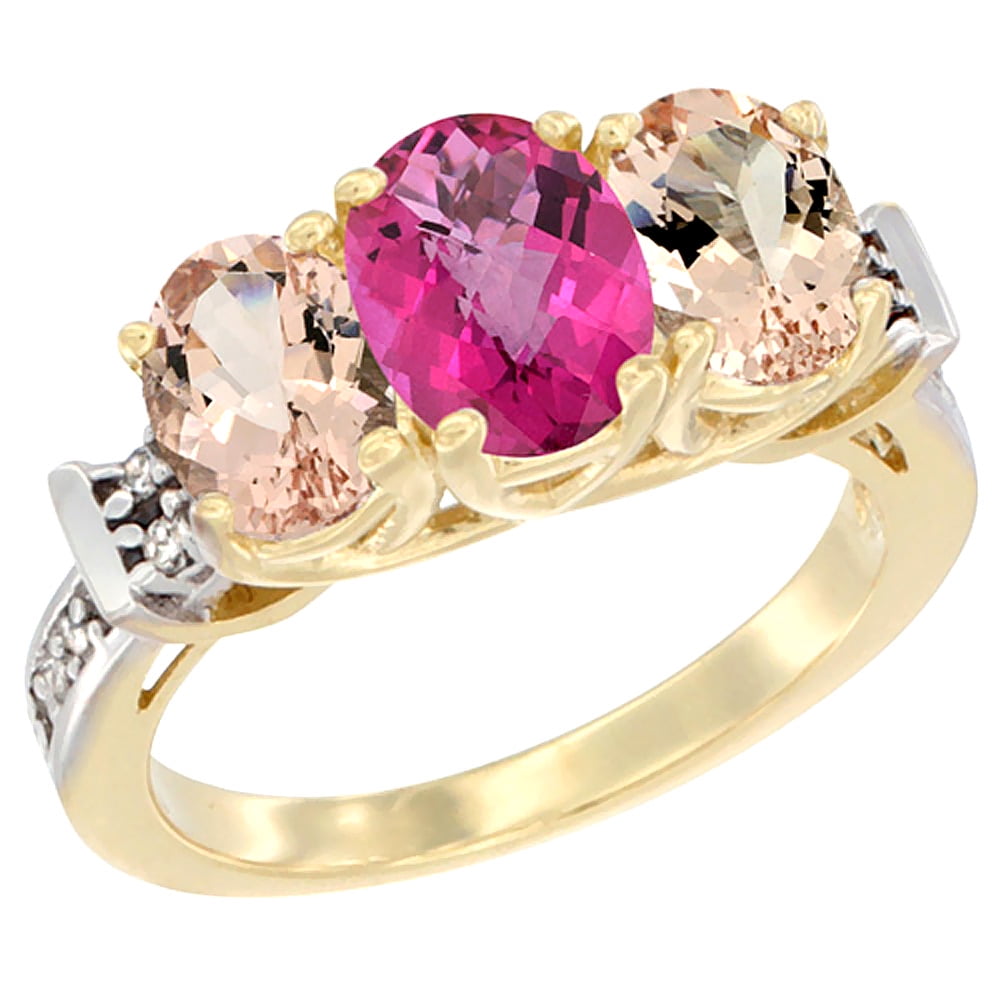 10K Yellow Gold Natural Pink Topaz & Morganite Sides Ring 3-Stone Oval ...