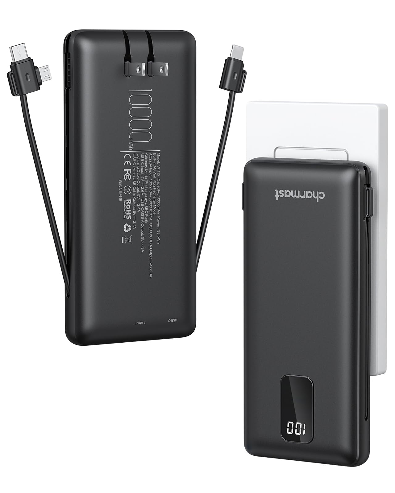 charmast Portable Charger with Built-in Cables & Wall Plug, 10000mAh ...
