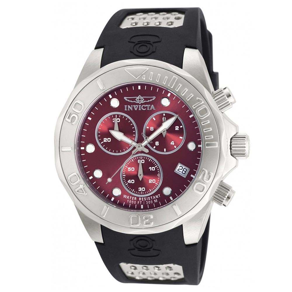 Invicta Men's 11465 Pro Diver Burgundy Dial Chronograph Black Rubber ...