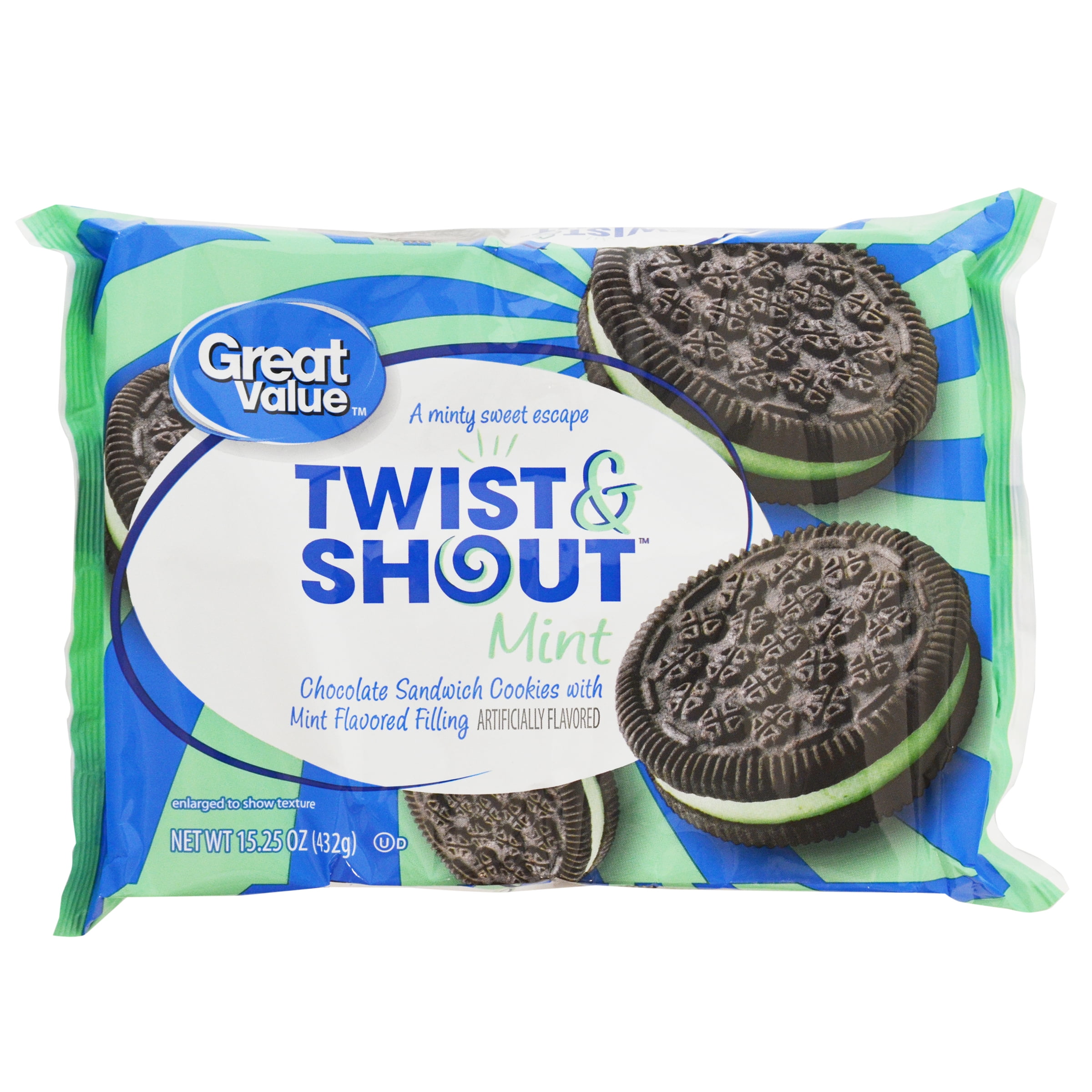 Great Value Mint Creme Filled Twist And Shout Chocolate Sandwich Cookies