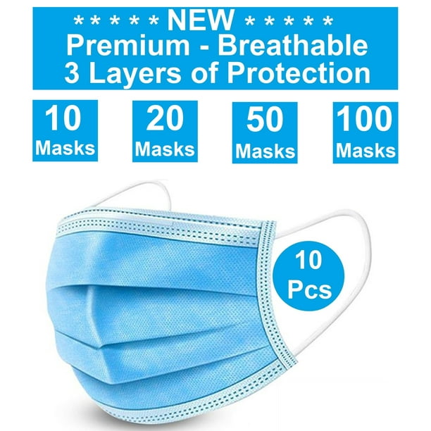 Disposable Face Mask - 10 Pack - Disposable Face Masks, 3-ply Elastic ...