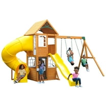 KidKraft Outdoor Odyssey Wooden Swing Set/Playset with 3 Slides, Surf Swing and Ninja Stairs ...