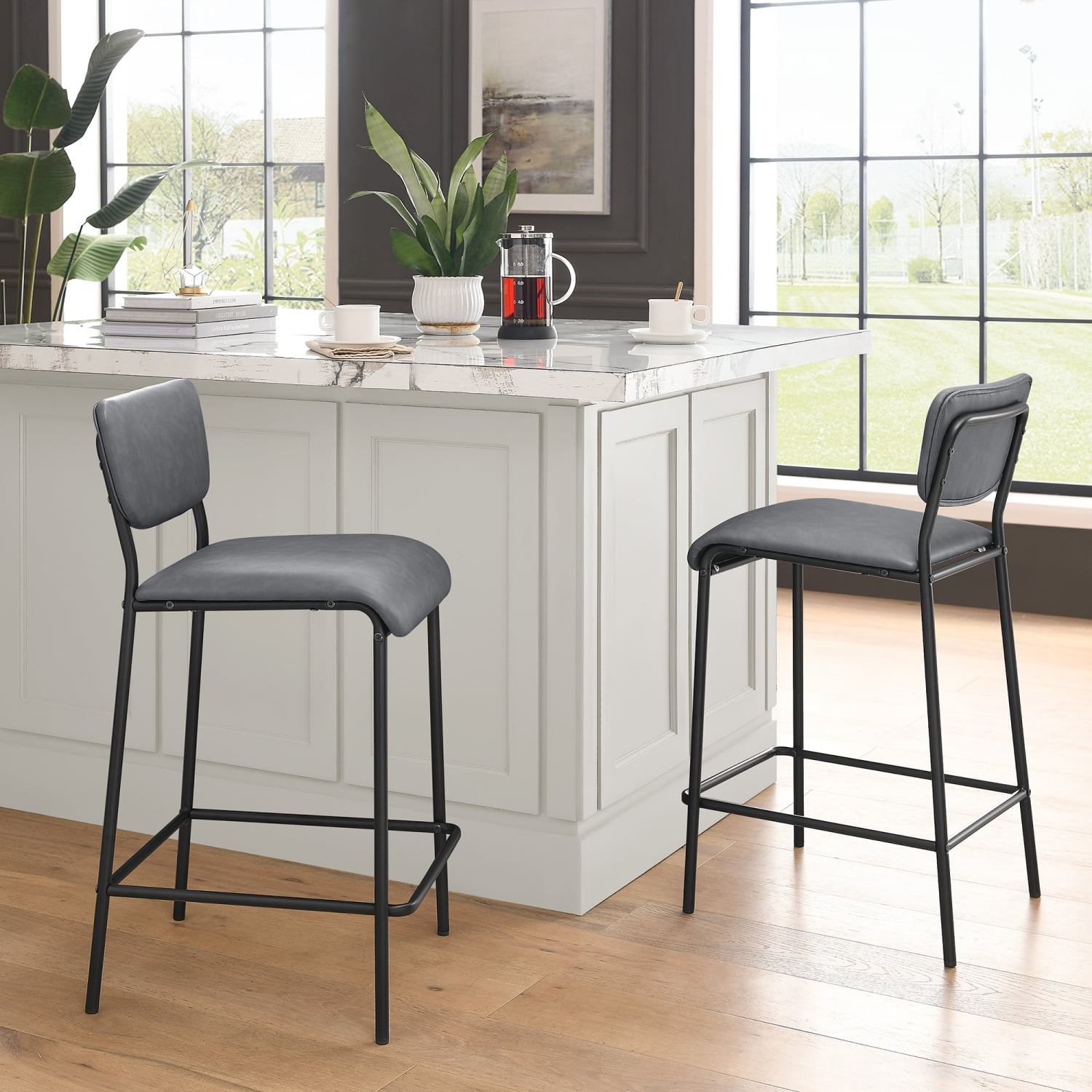 Pu Faux Leather Counter Stools Set of 2, Pub Counter Stool with Back ...