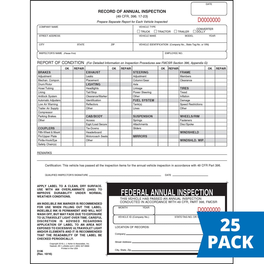 Record of Annual Inspection with Inspection Decal 25-pk. - Continuous ...