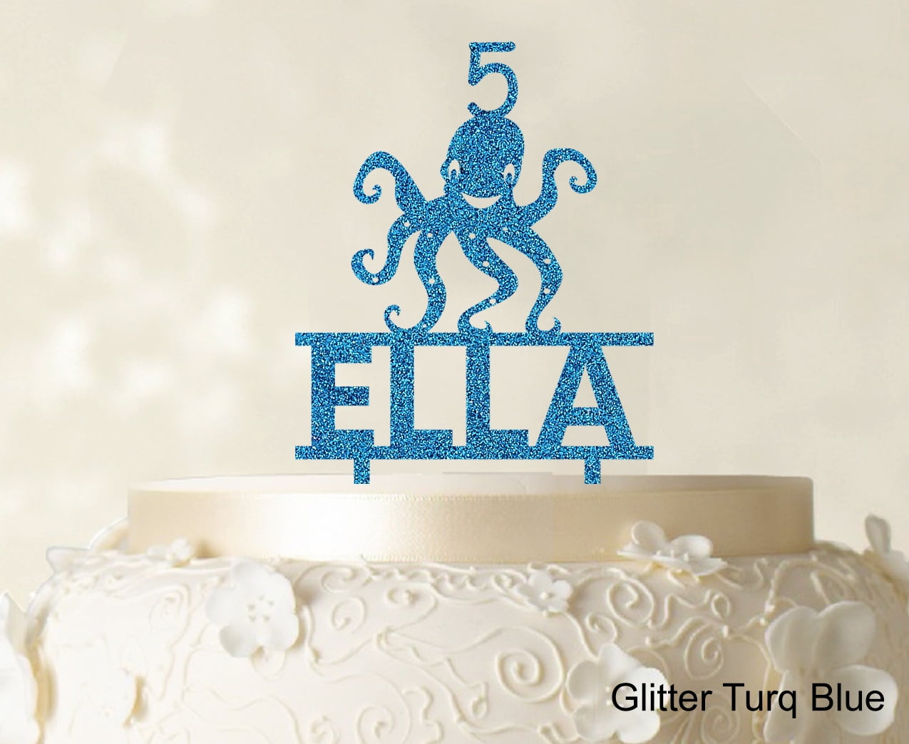 """Birthday Custom Name Cake Topper"" With Octopus Figure Glitter Cake ...