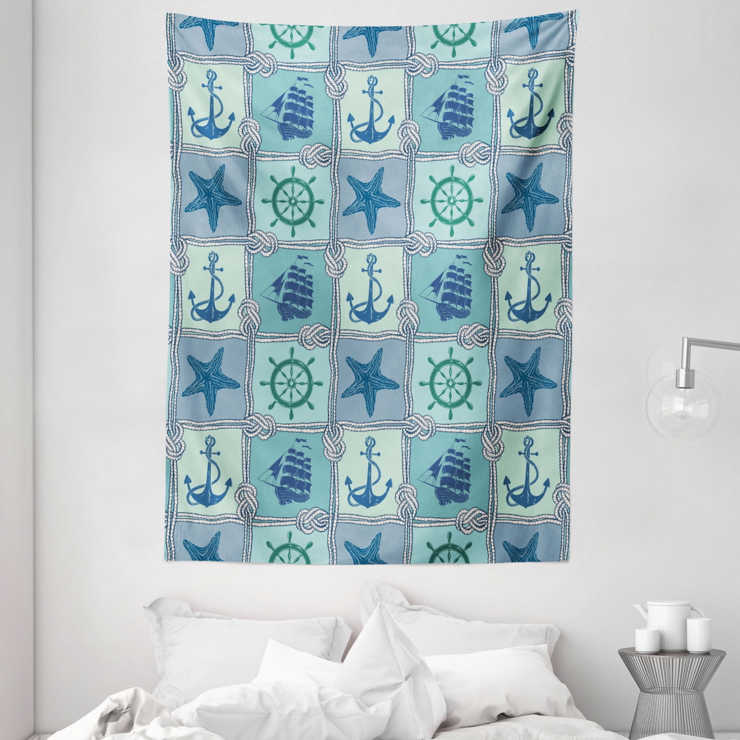Ships Wheel Tapestry, Nautical Patchwork Pattern with Rope Starfish ...