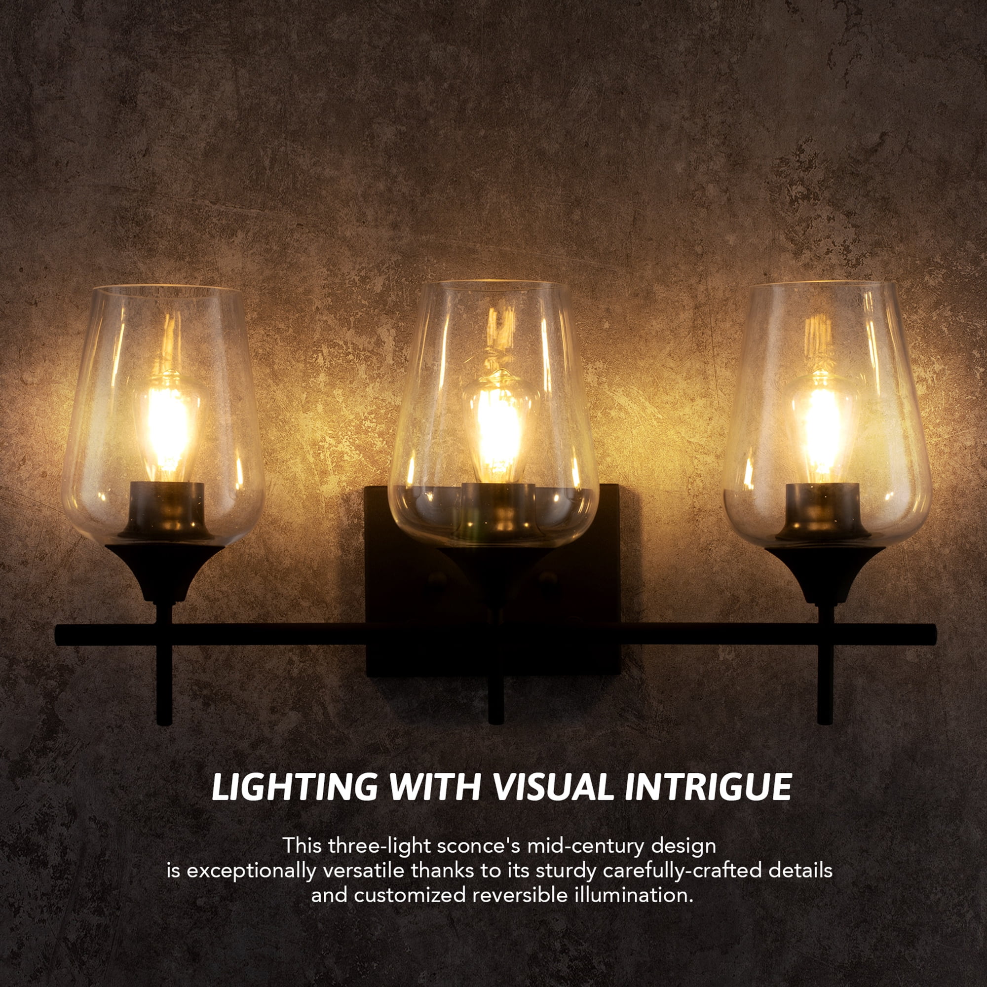 Three Light Wall Sconce Reading or Vanity Lights w Glass Shade, Matte ...