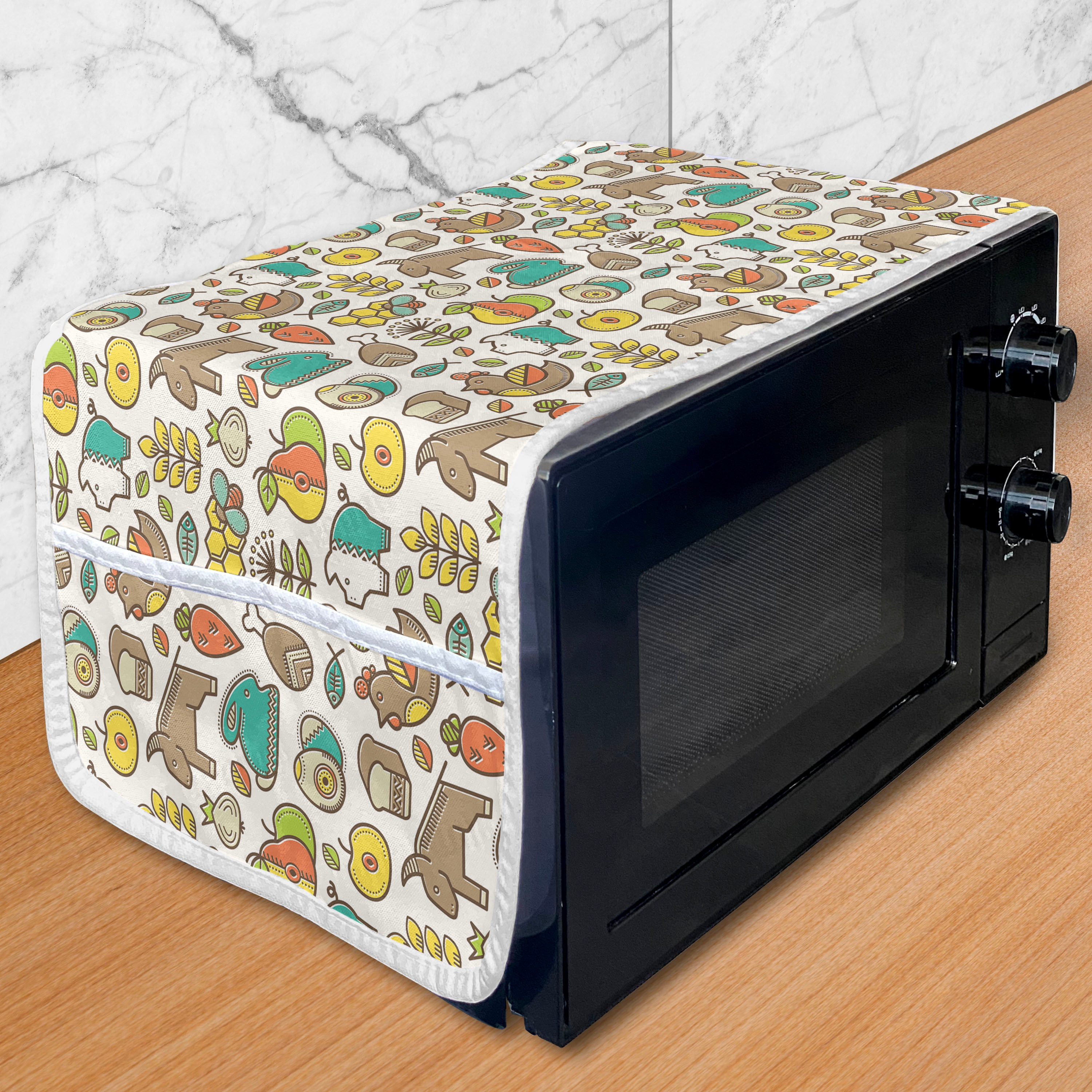Colorful Microwave Oven Cover, Animals with Food Chicken Horse Apple ...