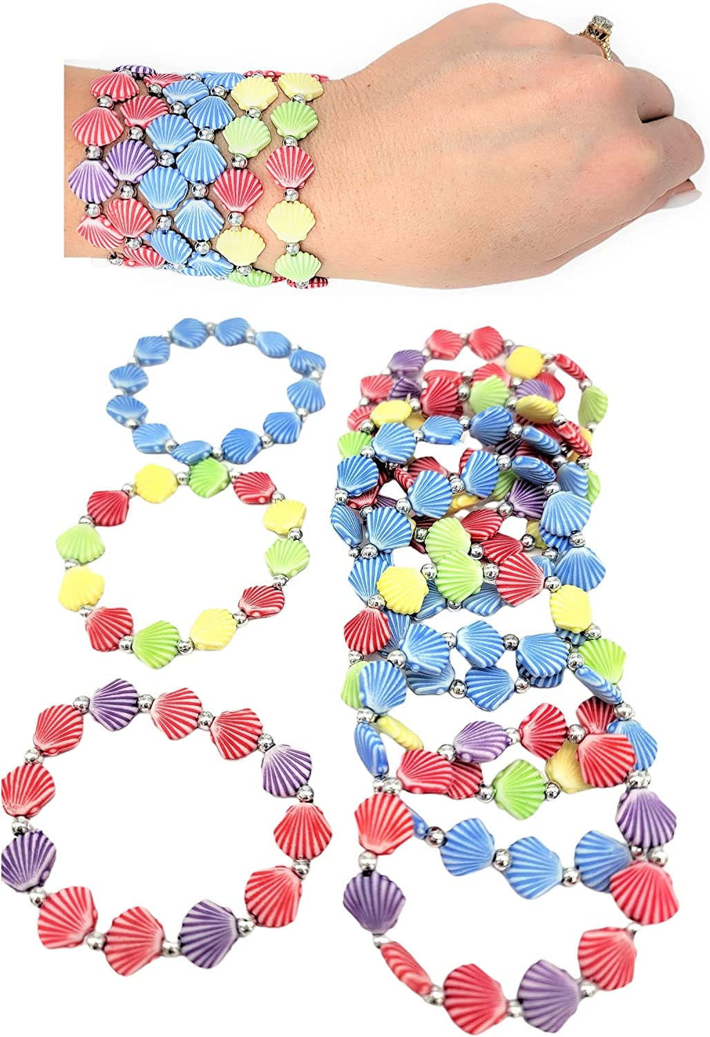 Colorful Faux Sea Shell Bead Stretchy Kid's Bracelets (12 Pack) Mermaid ...