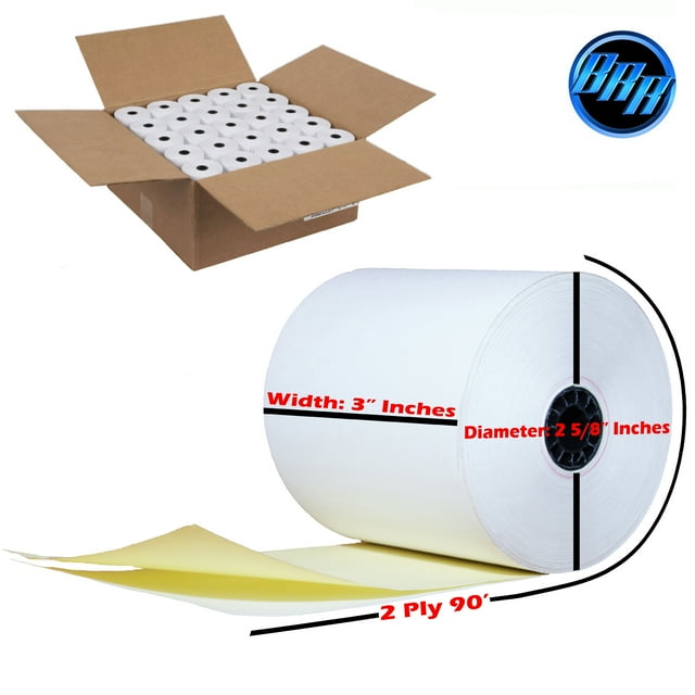 2 ply 3" 90' ft 50 rolls carbonless paper rolls White/Canary two ply ...