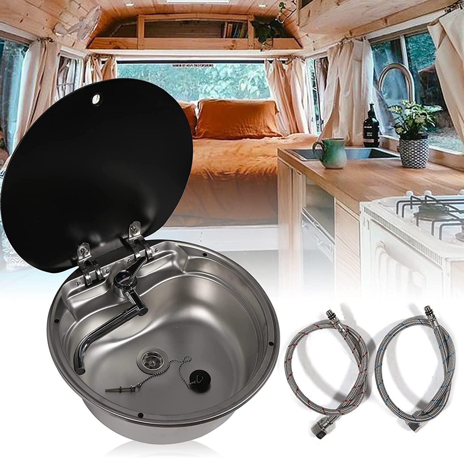 CNCEST Round RV Caravan Kitchen Basin Sink Camper 304 Stainless Steel ...