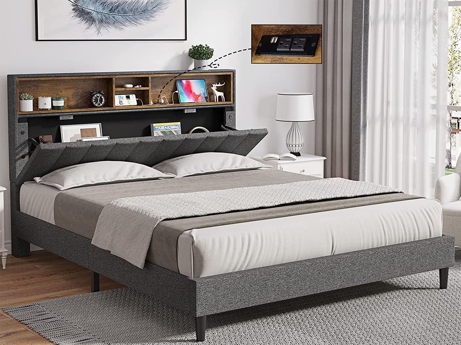 ADORNEVE Full Size Platform Bed Frame With Storage Headboard