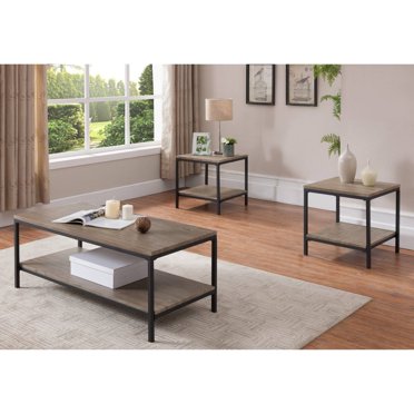 Kinley 3 Piece Coffee Table Set, Gray Wood & Black Metal, Industrial ...