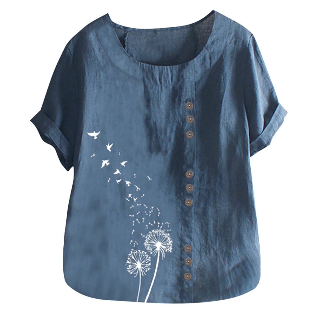 Roseonmyhand Plus Size Women Short Sleeve Cotton Linen O Neck Print