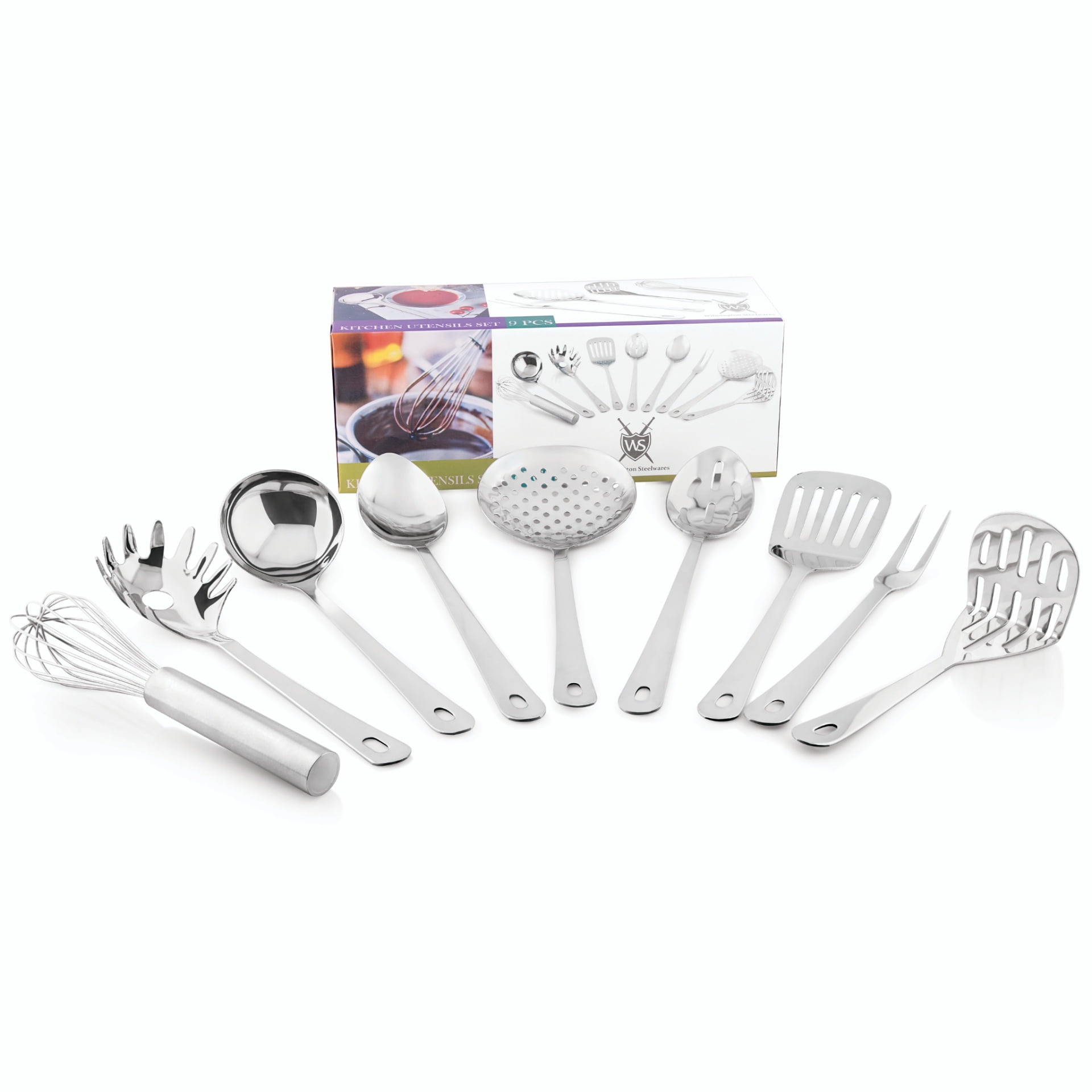 Complete 9 Piece Stainless Steel Cooking And Serving Set Slotted Turner And Spoon Solid Spoon