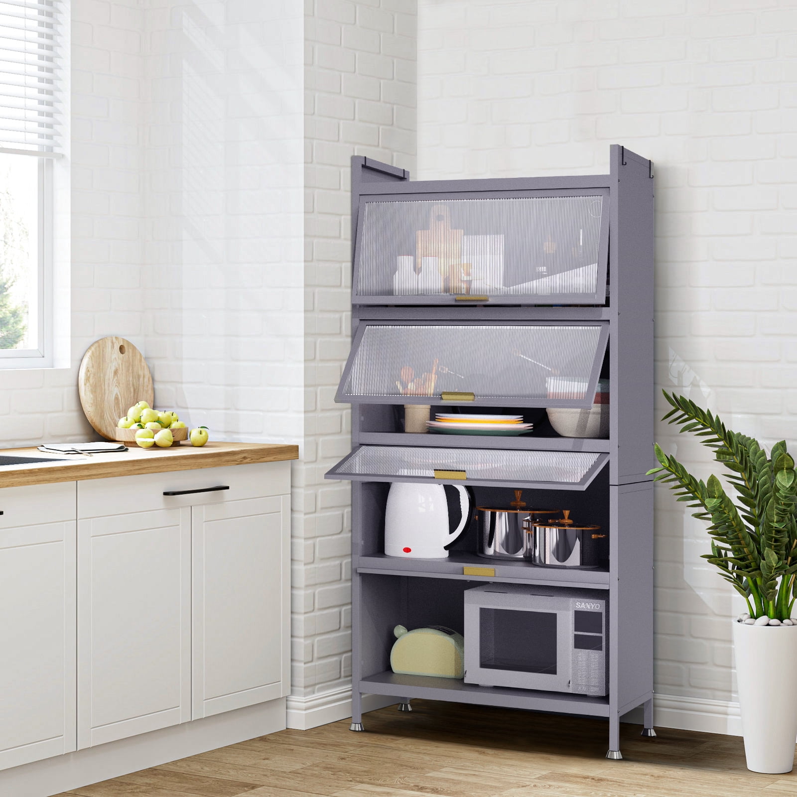 Lecut 5 Tier Kitchen Bakers Rack with Flip Door Metal Microwave Stand ...