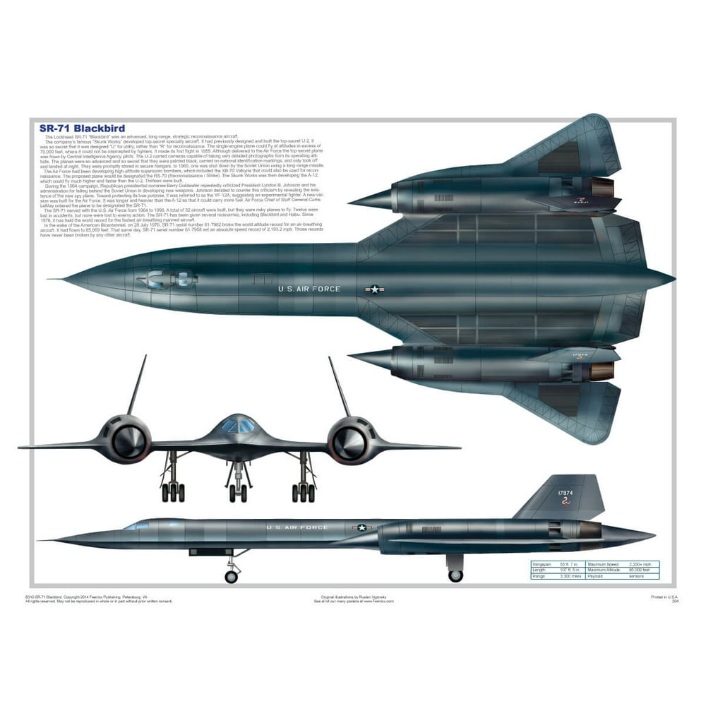 SR-71 Blackbird Three Views Military Airplane Educational Poster 24x18 ...