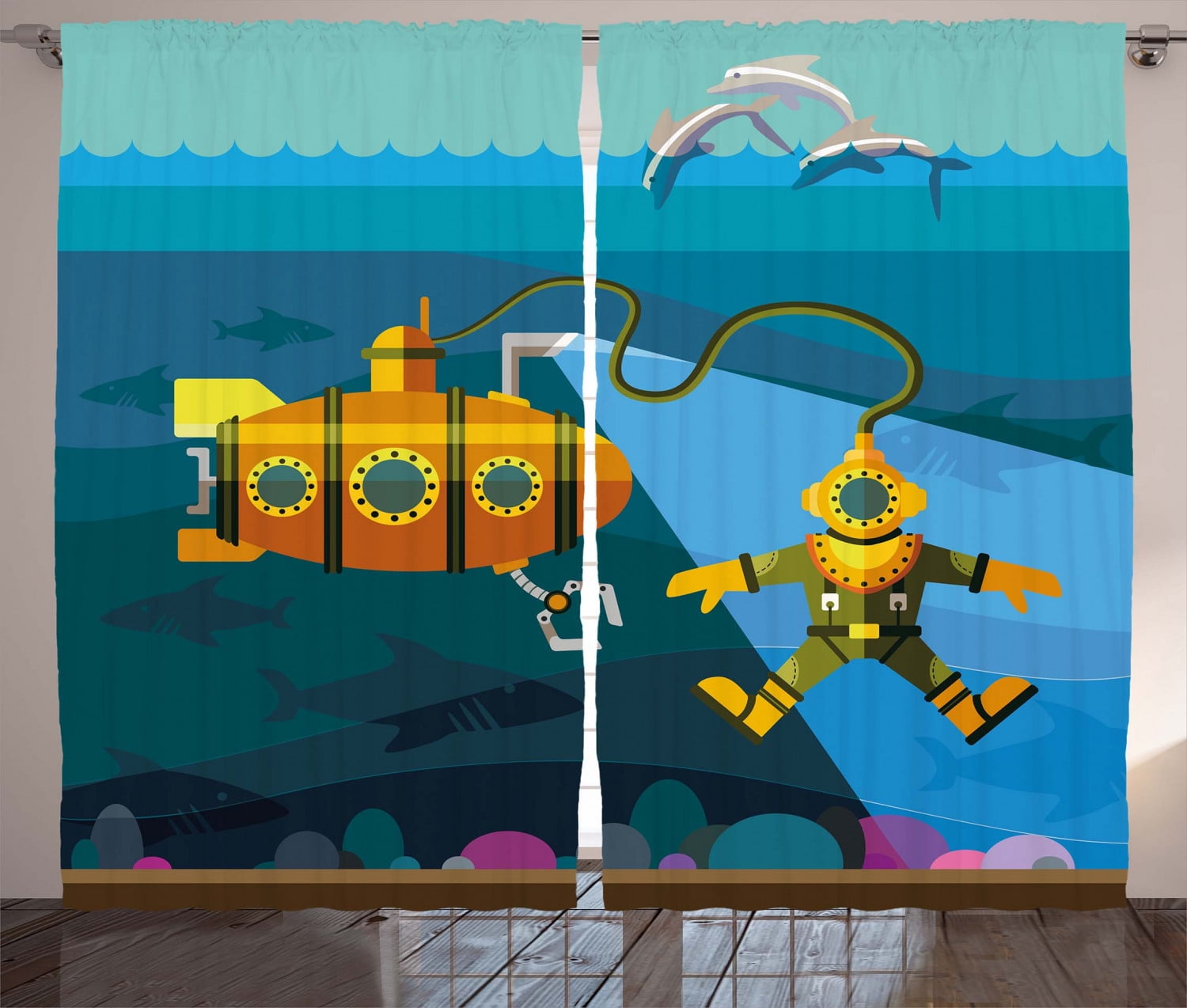 Yellow Submarine Decor Curtains 2 Panels Set, A Submarine and a Diver ...