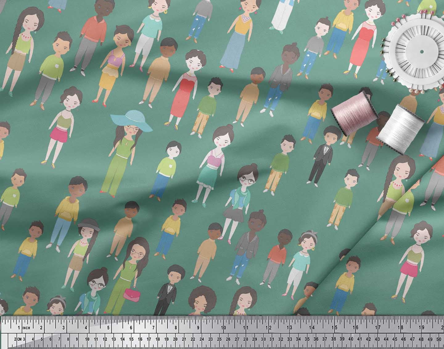 Soimoi Green Satin Silk Fabric Crowd Theme Human Figure Print Fabric by ...