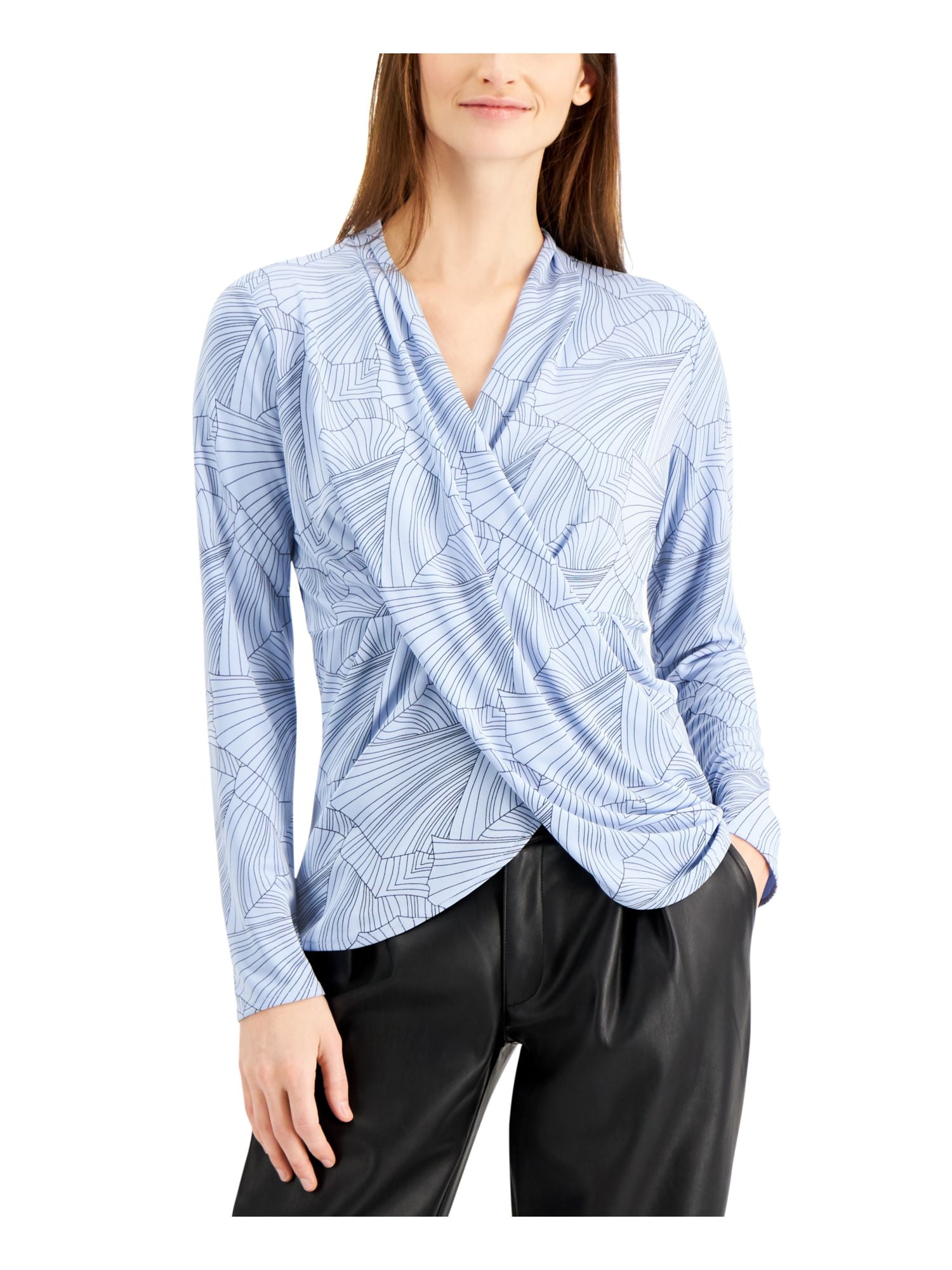 ALFANI Womens Light Blue Printed Long Sleeve V Neck Wear To Work Blouse ...