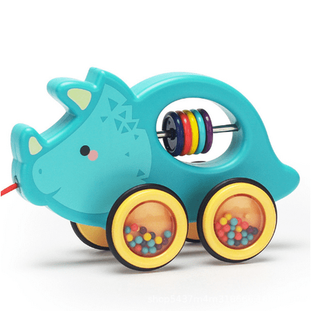 Children pull toy car, baby pull rope to tow animal cart - triceratops ...