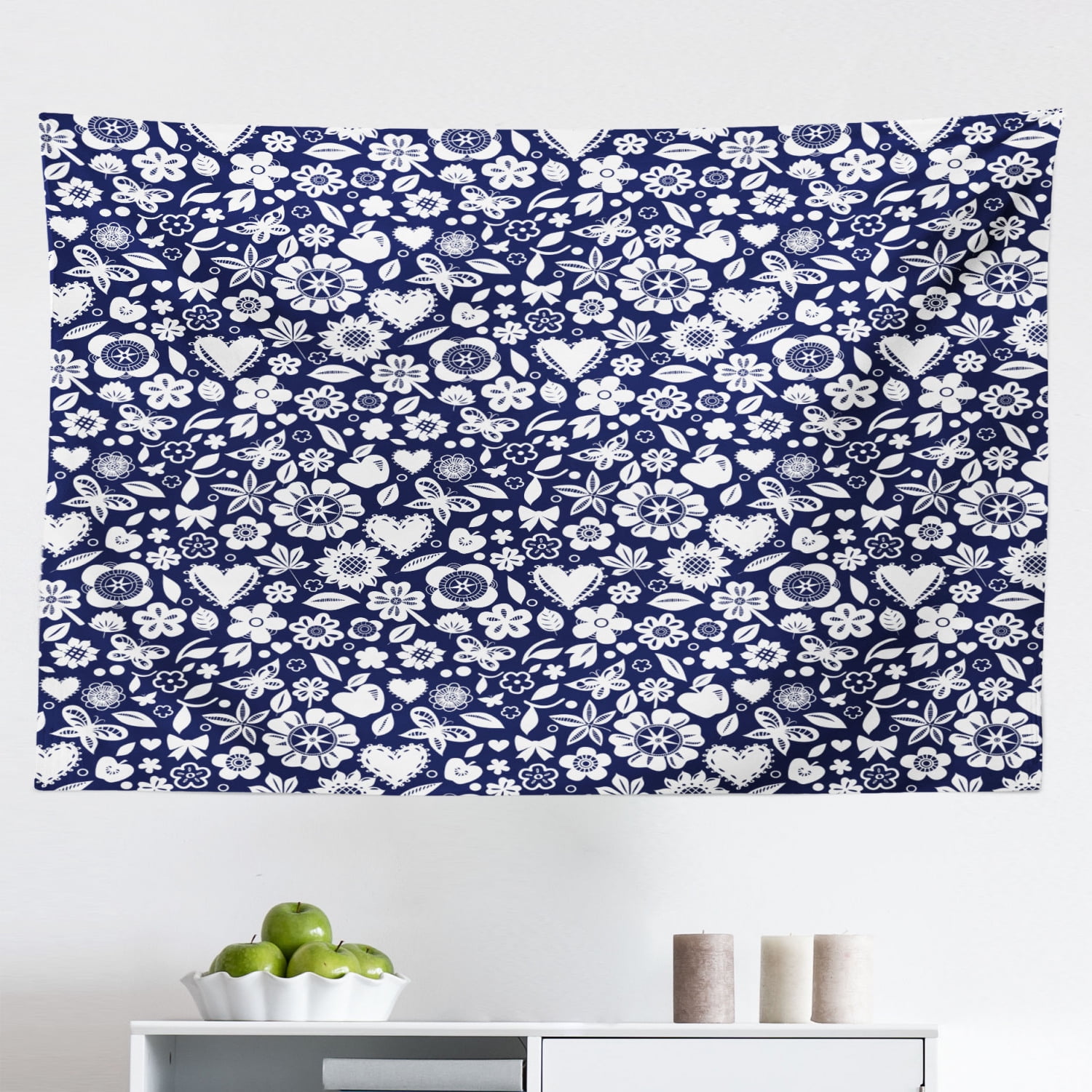 Navy Blue Tapestry, Hibiscus Flower and Palm Tree Pattern Summer ...