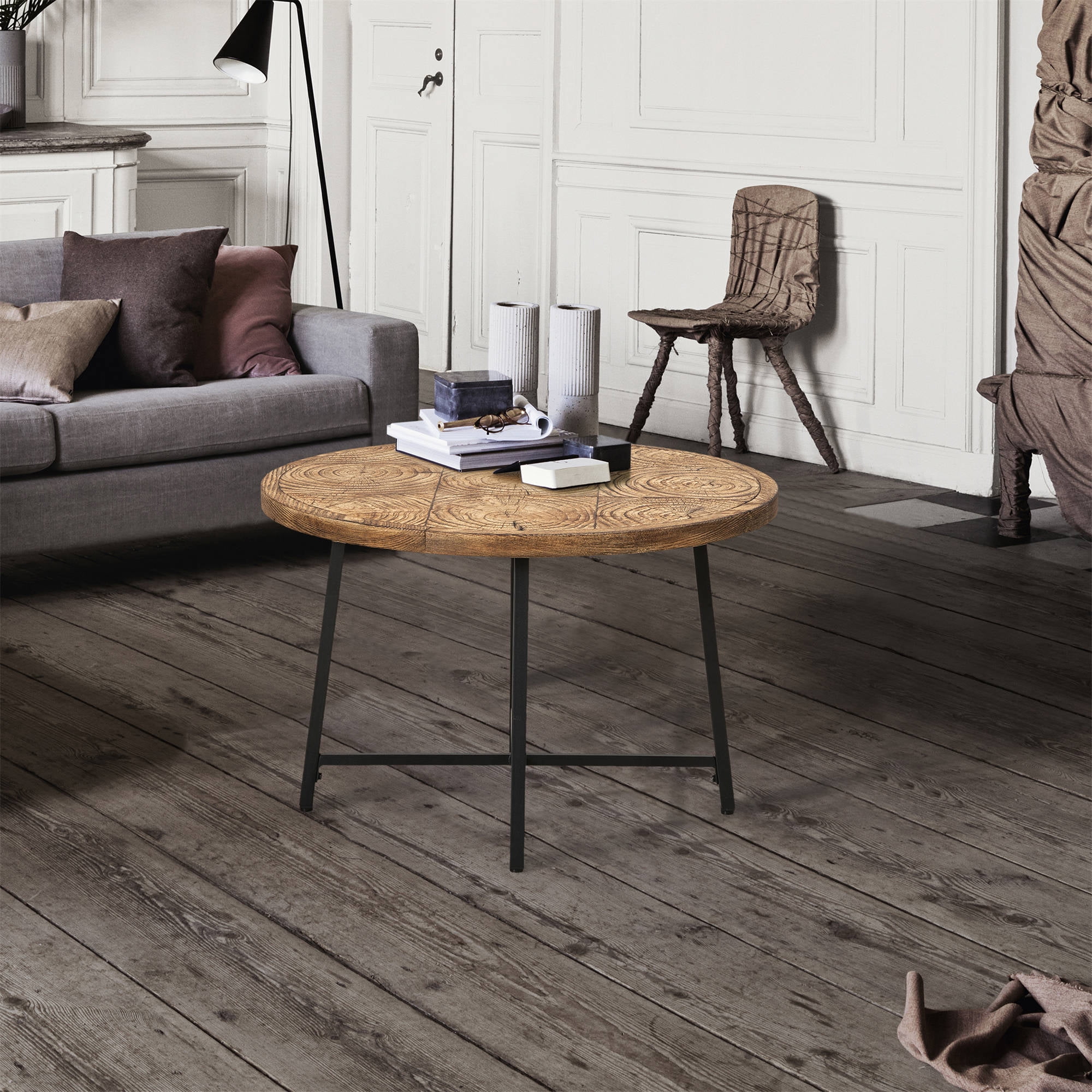 Modern Coffee Table with Wood Desktop and Metal Legs, Round Coffee ...