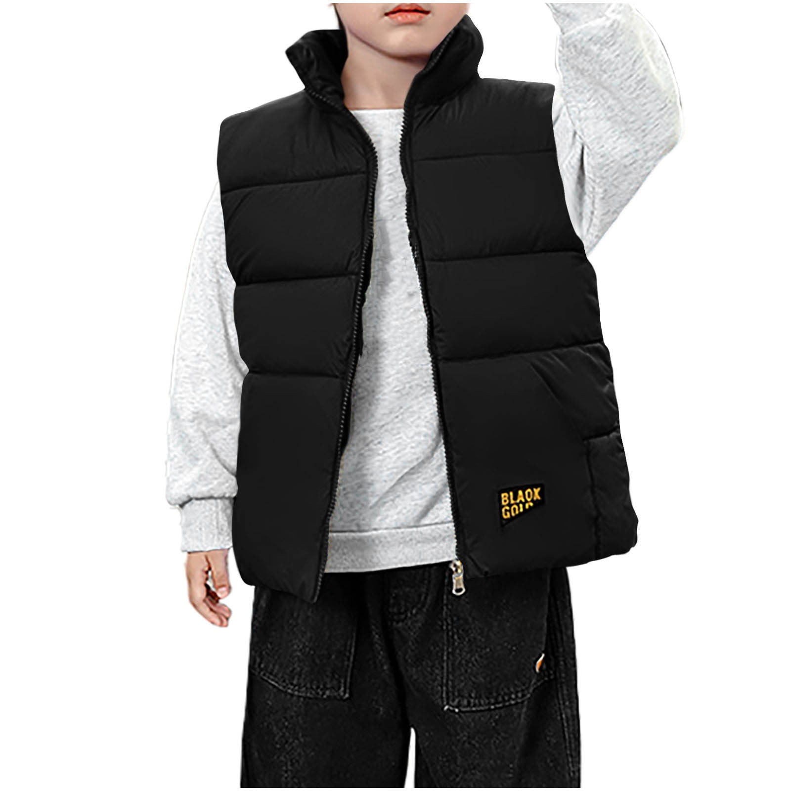 Hoksml Kids Winter Puffer Vest Solid Color Standing Collar Sleeveless Jacket Down Zip-Up Outerwear