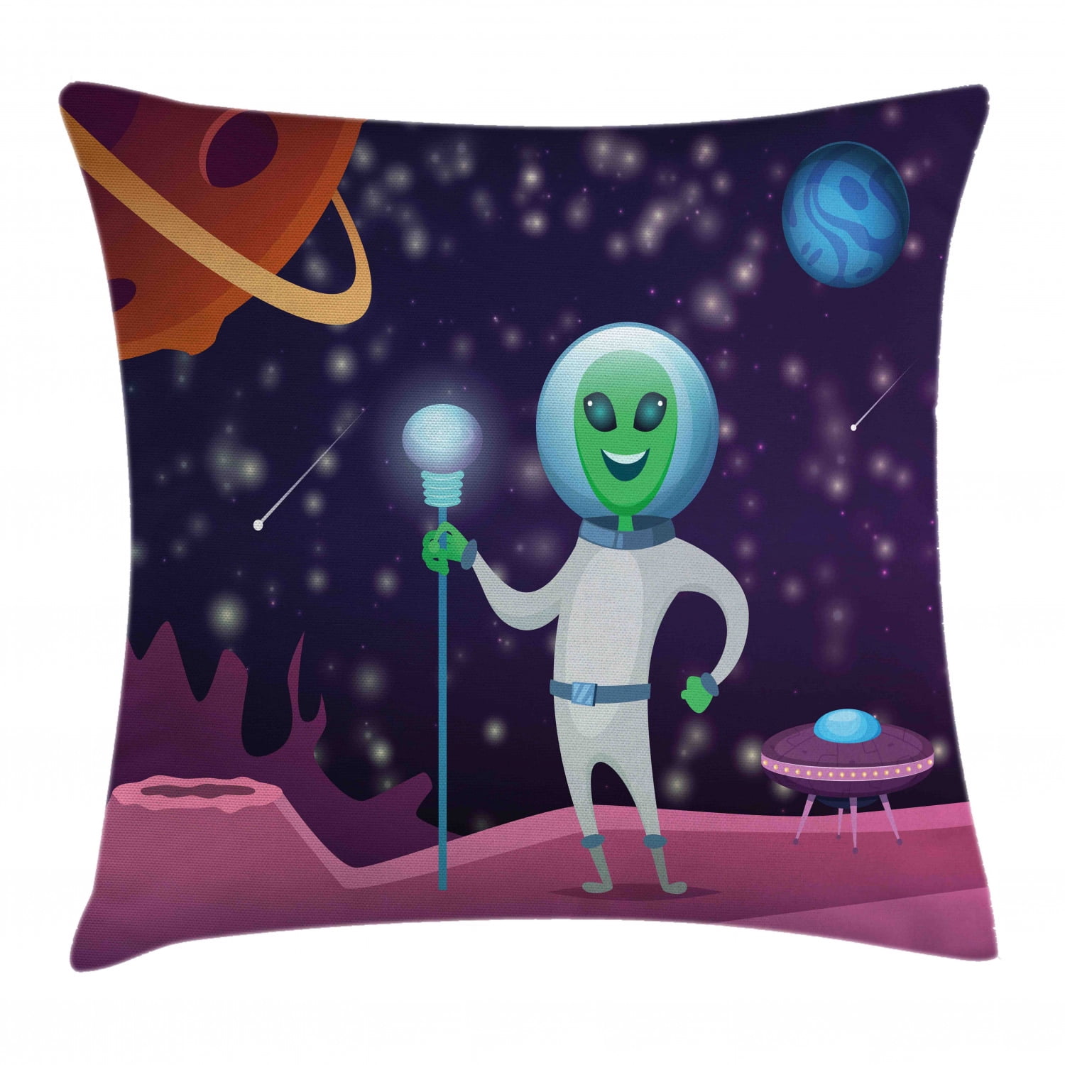 Alien Throw Pillow Cushion Cover, Cosmic Space Background with Funny ...