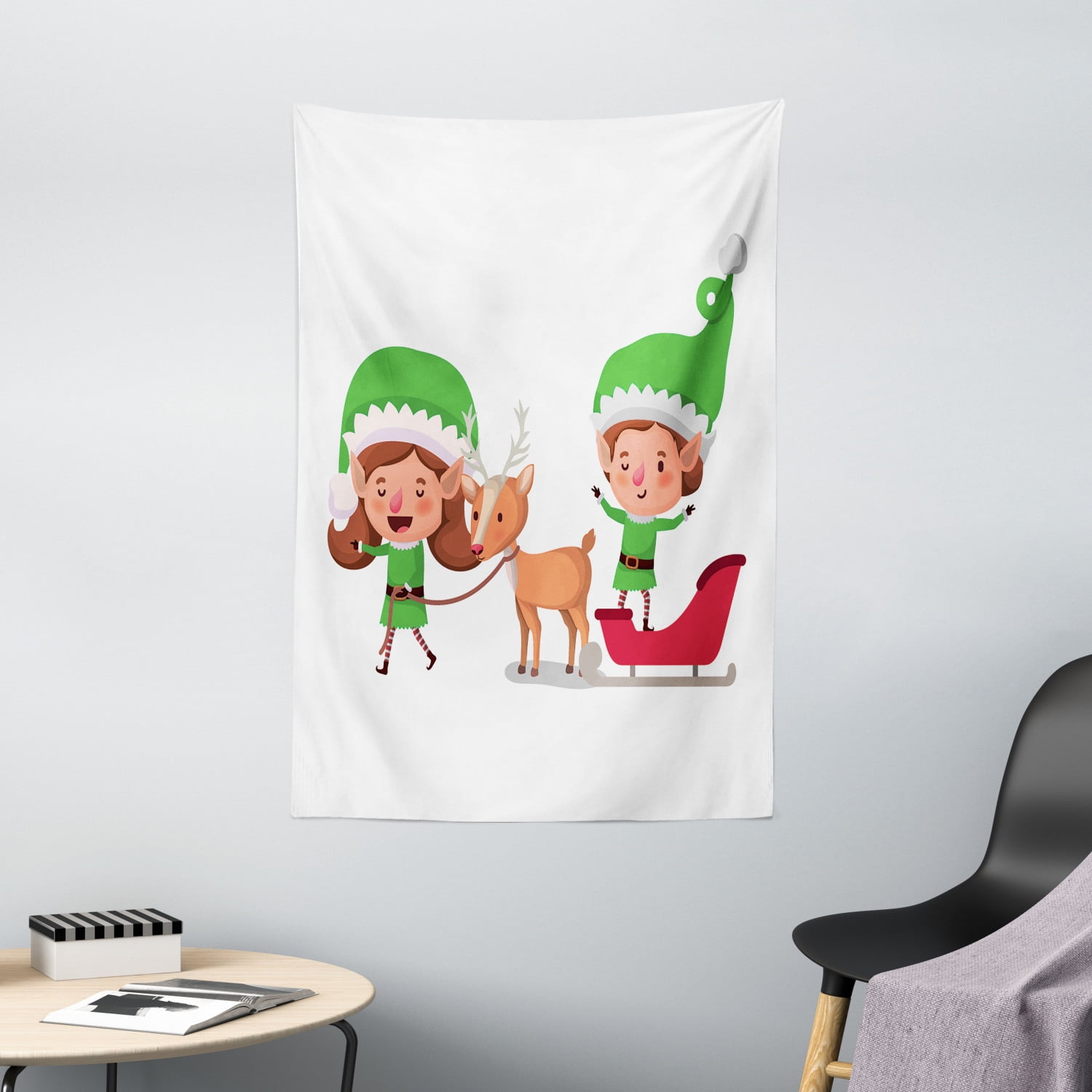 Elf Tapestry, Elves and Reindeer on Sleigh Christmas Characters, Wall ...