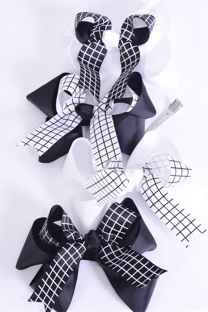 Hair Bow Jumbo Grid Line Black & White Mix Double Layered Grosgrain ...
