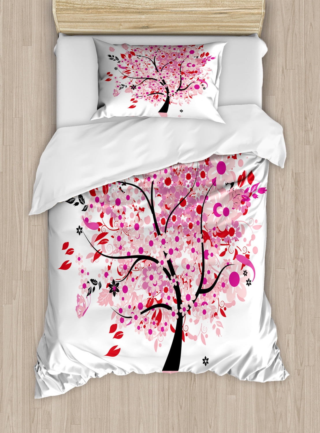 Tree Duvet Cover Set Twin Size, Abstract Tree with Floral Burst ...