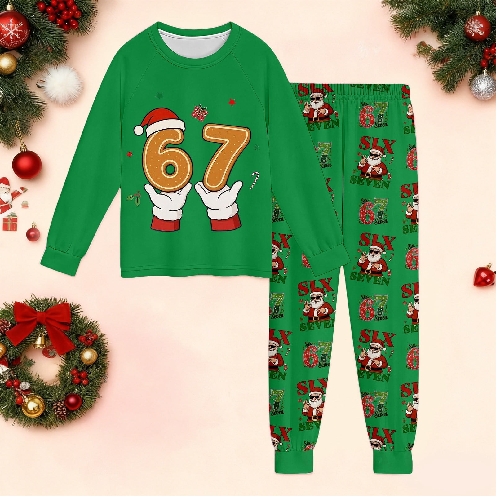 Girls Six Seven 67 Meme Funny Christmas Pajamas - 2-Piece Soft Blend ...