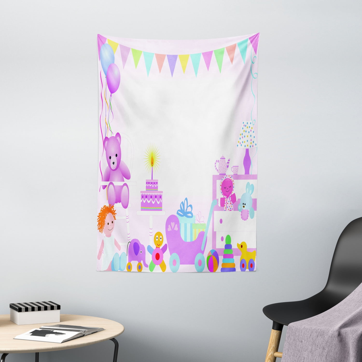 Kids Birthday Tapestry, Baby Girl Birthday Celebration Party with Flags ...
