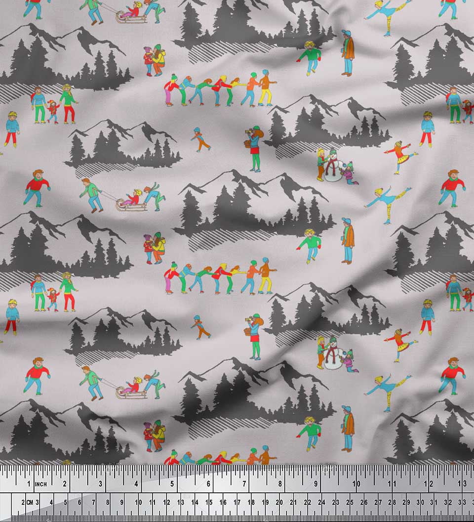 Soimoi Grey Silk Fabric Humans,Sleigh & Mountains Holiday Print Fabric ...