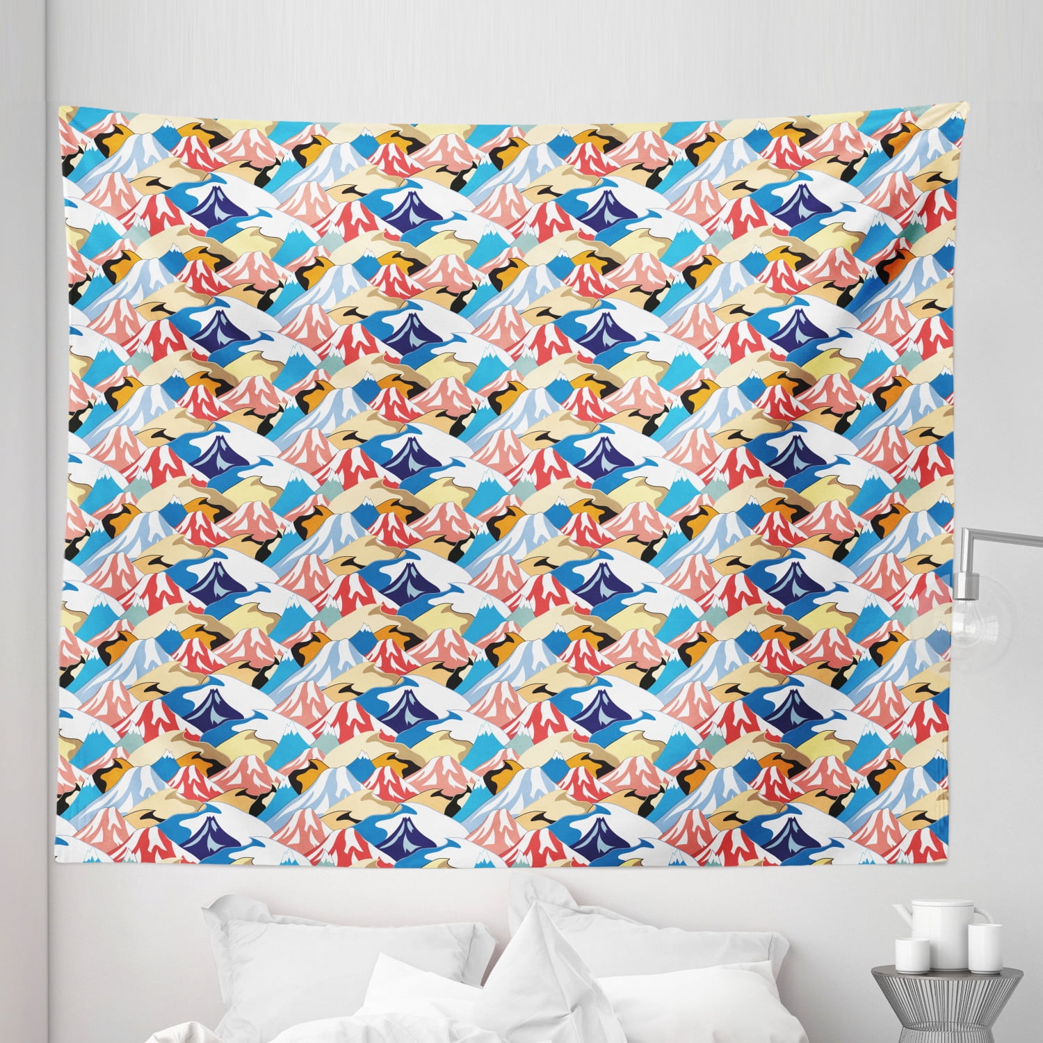 Mountain Tapestry, Cartoonish Style Adventure Nature Themed Pattern ...