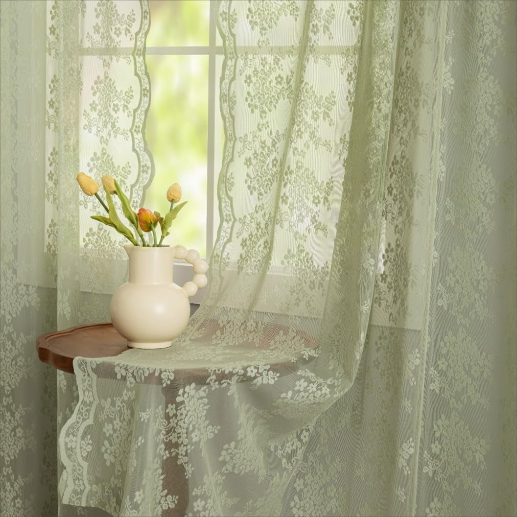 Click here for Siabc-Sage Lace Green Curtains 63 Inch Length For... prices