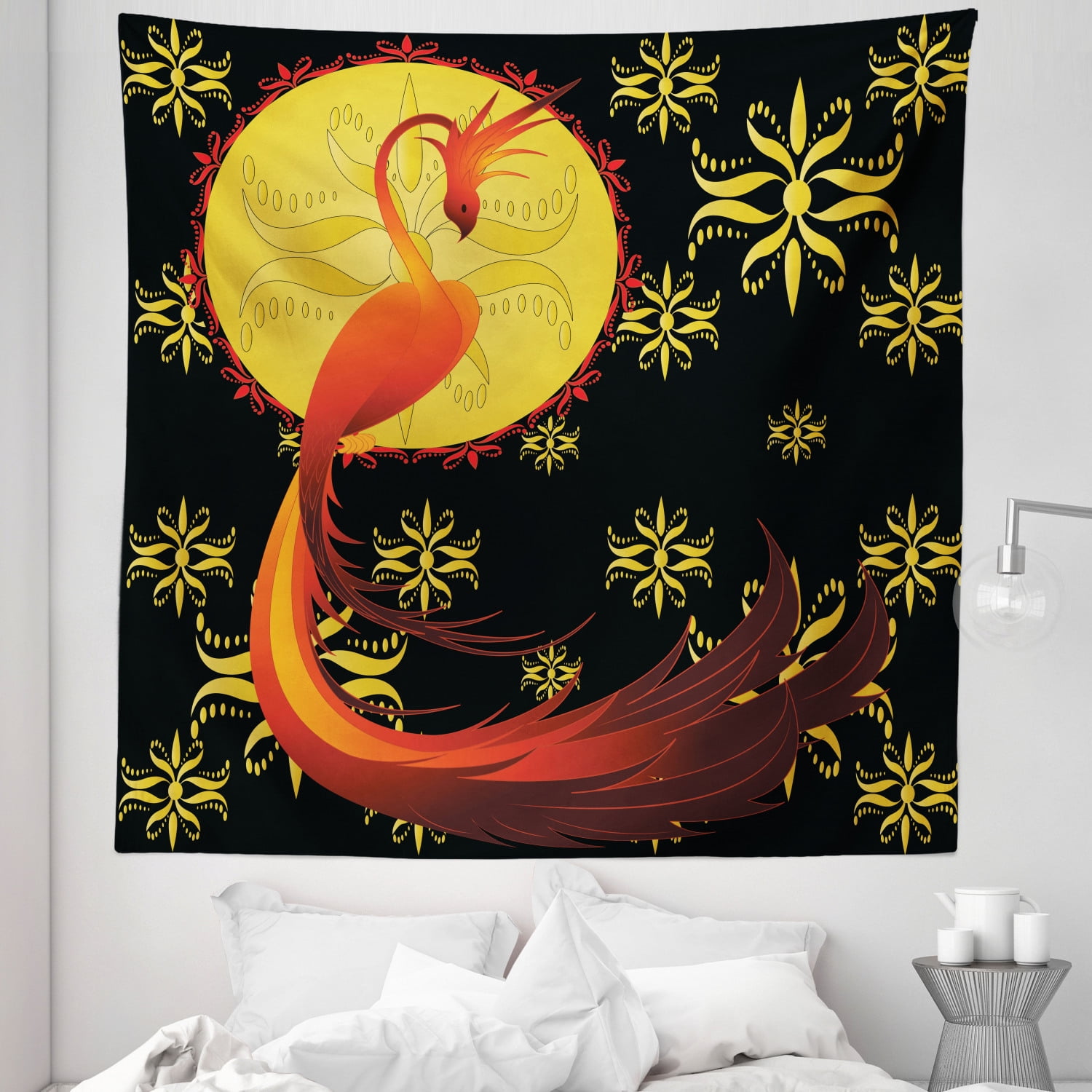 Birds Tapestry, Mythical Fiery Phoenix Standing by the Fullmoon ...