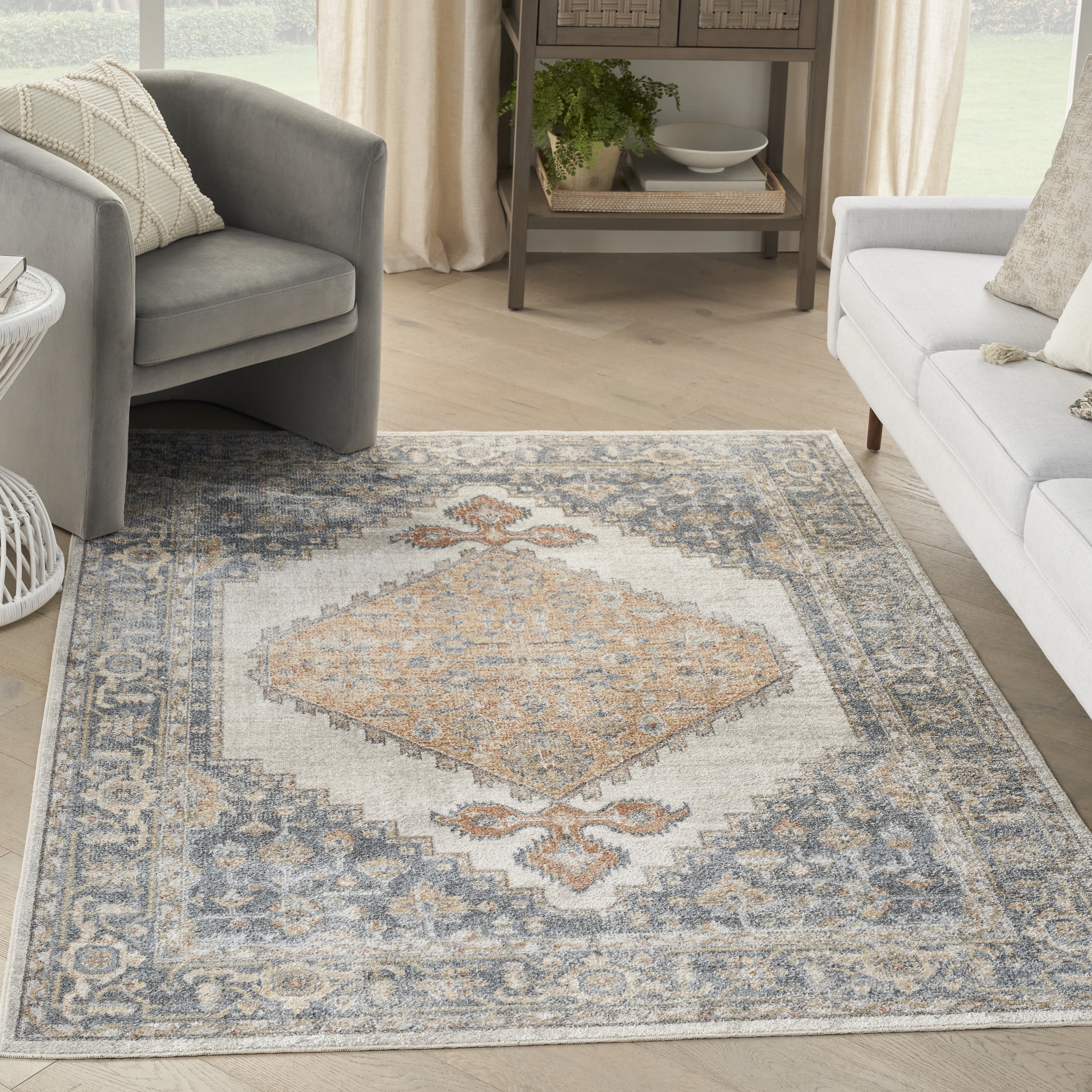 Nourison Astra Machine Washable Persian Grey/Gold 6'7" x 9' Area Rug ...
