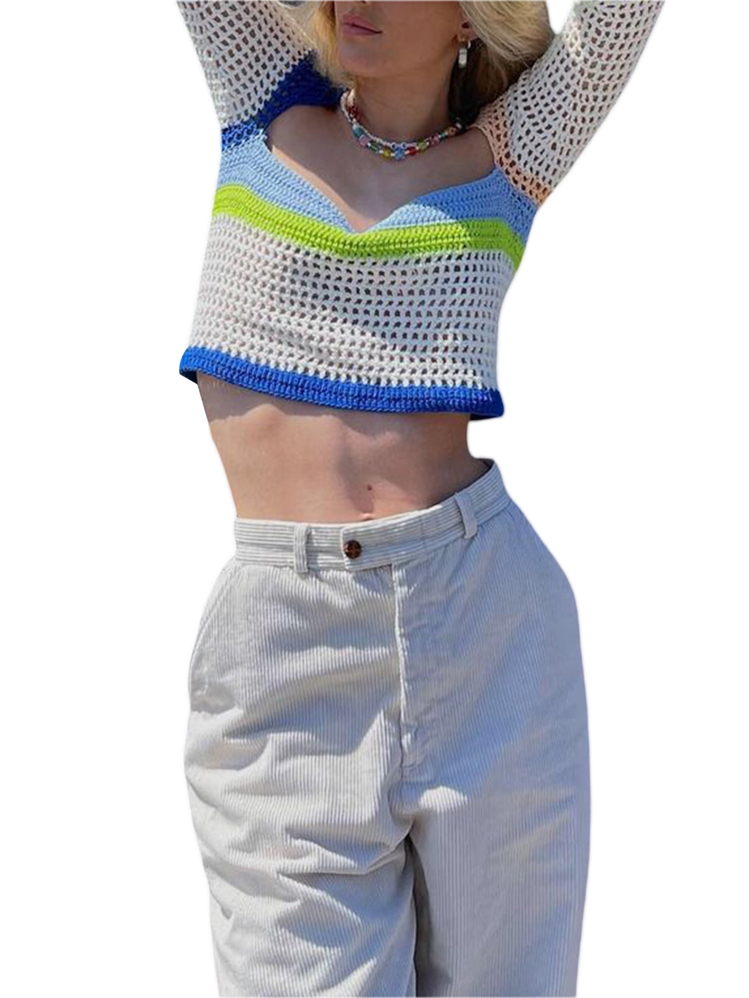 Sunisery Womens Knit Crop Tops Sweater Long Sleeve Crochet Y2k Hollow ...