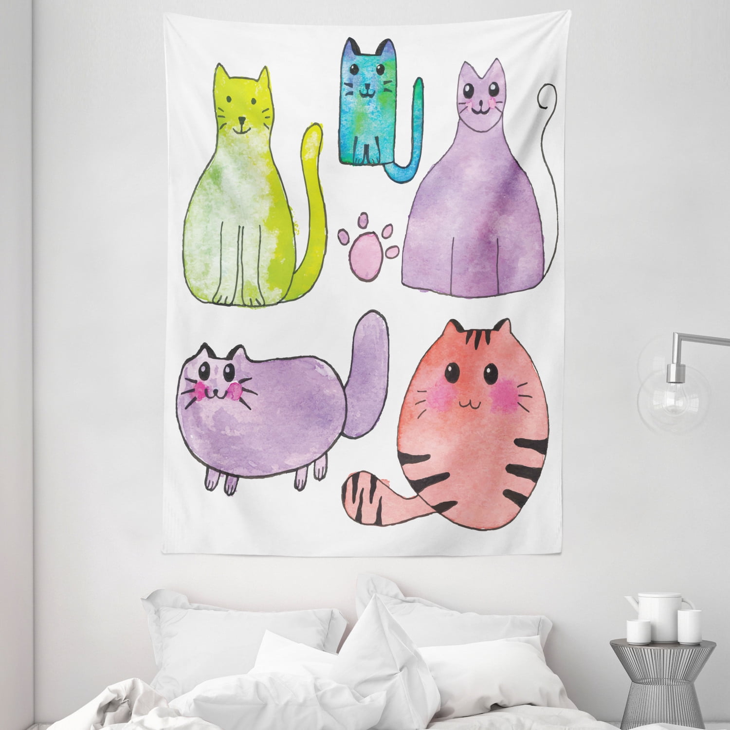 Kitten Tapestry, Hand Drawn Set of Colorful Cartoon Style Cute Domestic ...