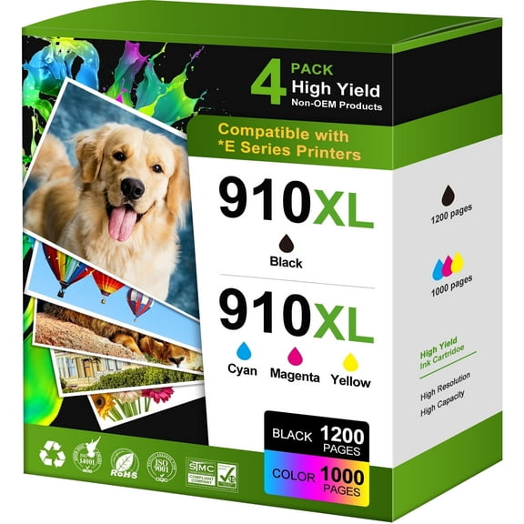 HP 910, 910XL Ink Cartridges 4-Pack, Black High Yield Cyan Magenta ...