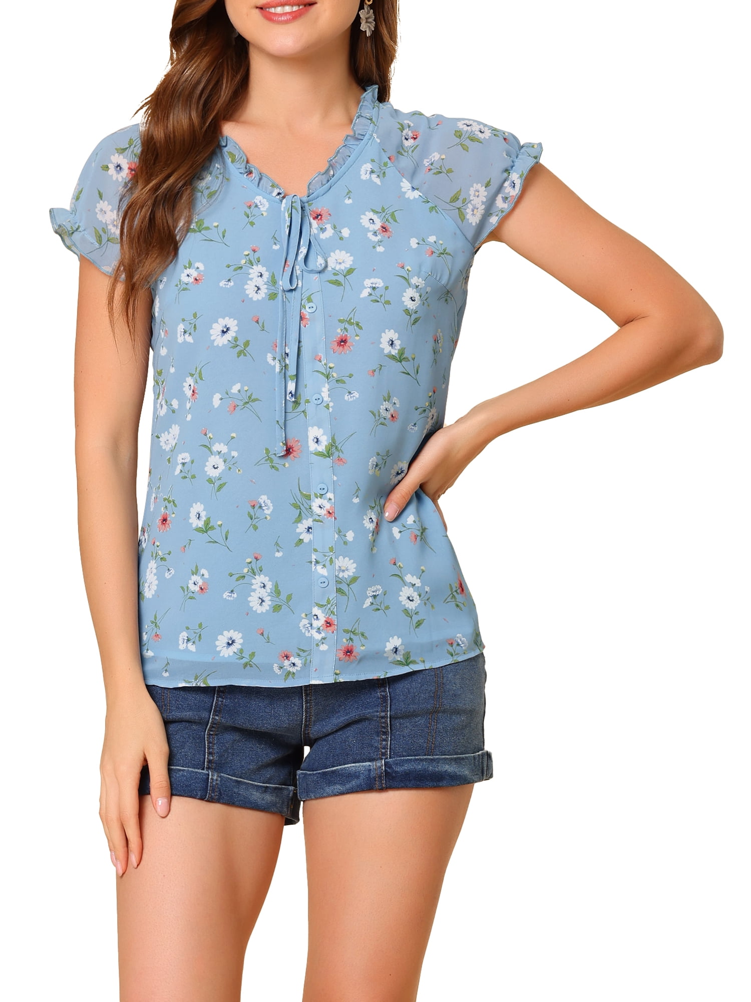 Allegra K Womens V Neck Short Sleeves Ruffled Trim Ditsy Floral