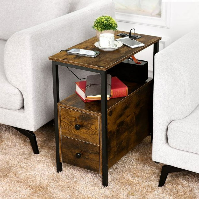 Devo 3 Tier End Side Table with Drawers and Charging Station Narrow Wooden End Table with Open Storage Shelf and USB Ports Power Outlets Side Table