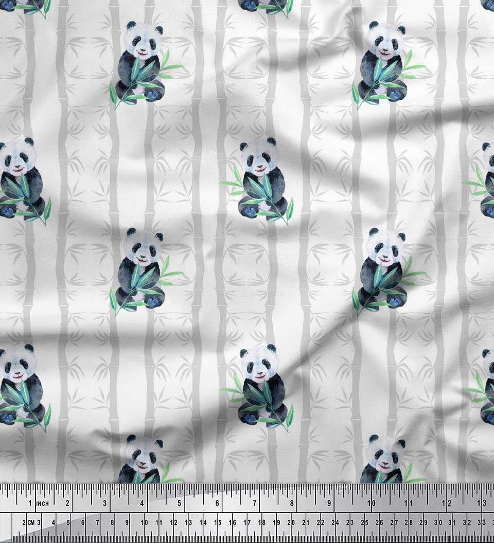 Soimoi White Heavy Satin Fabric Bamboo Panda Jungle Print Fabric by the ...