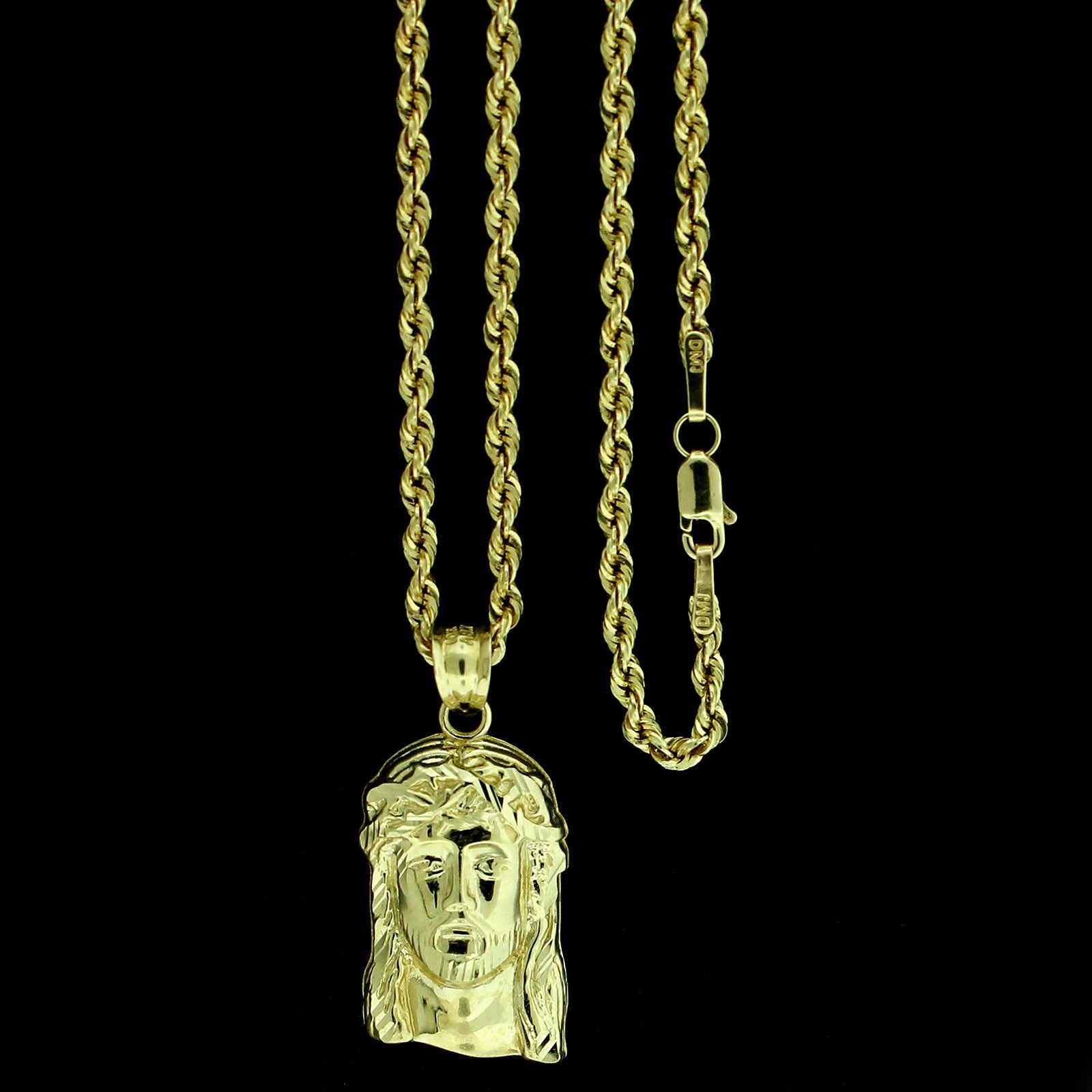 10K Solid Yellow Gold Jesus Face Head Charm Pendant With 2.5mm Rope ...