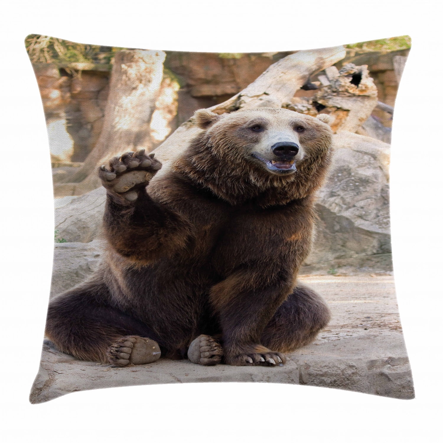 Bear Throw Pillow Cushion Cover, Friendly Animal Sitting and Waving a ...