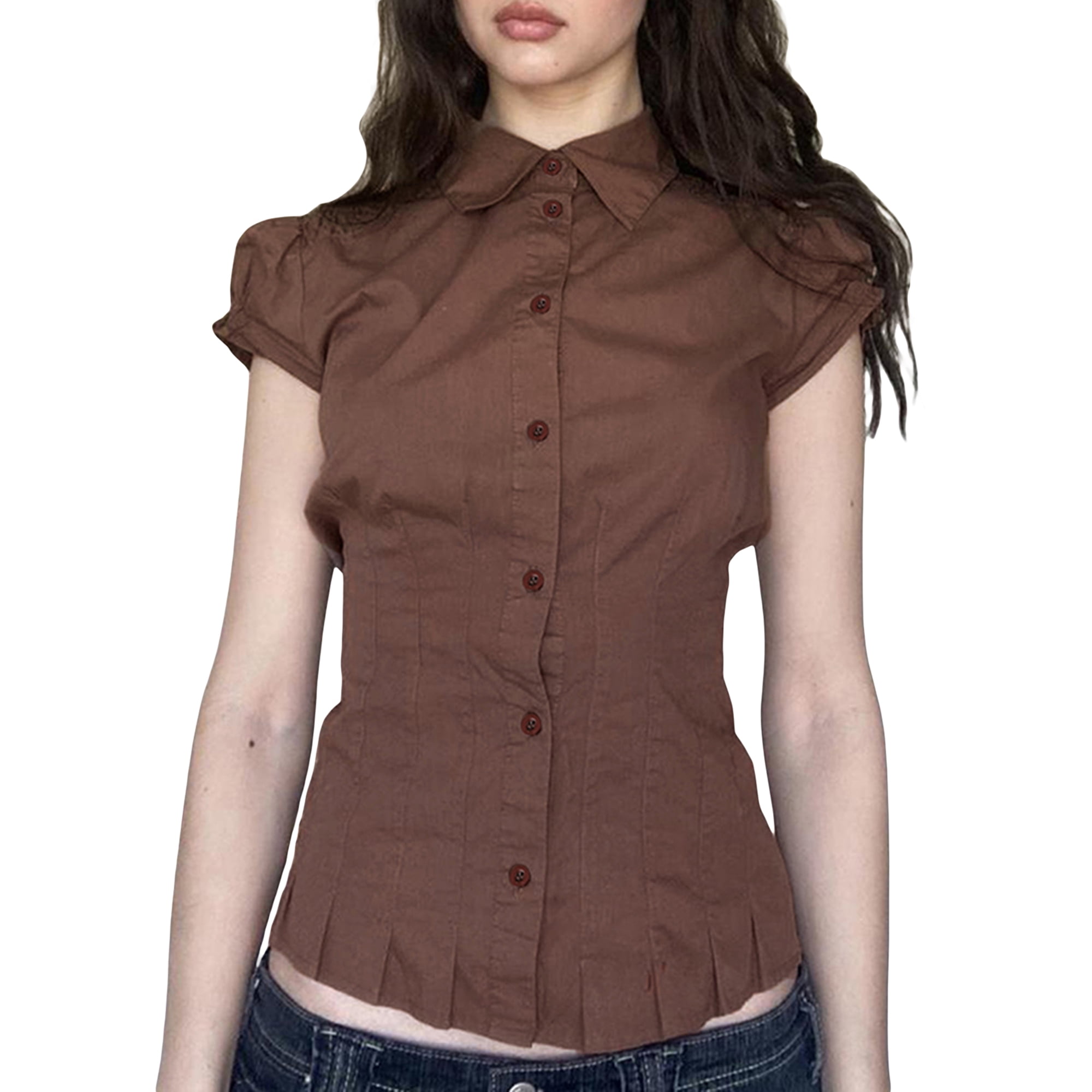 Click here for Gupgi Brown Pleated Button T-Shirt For Women Short... prices