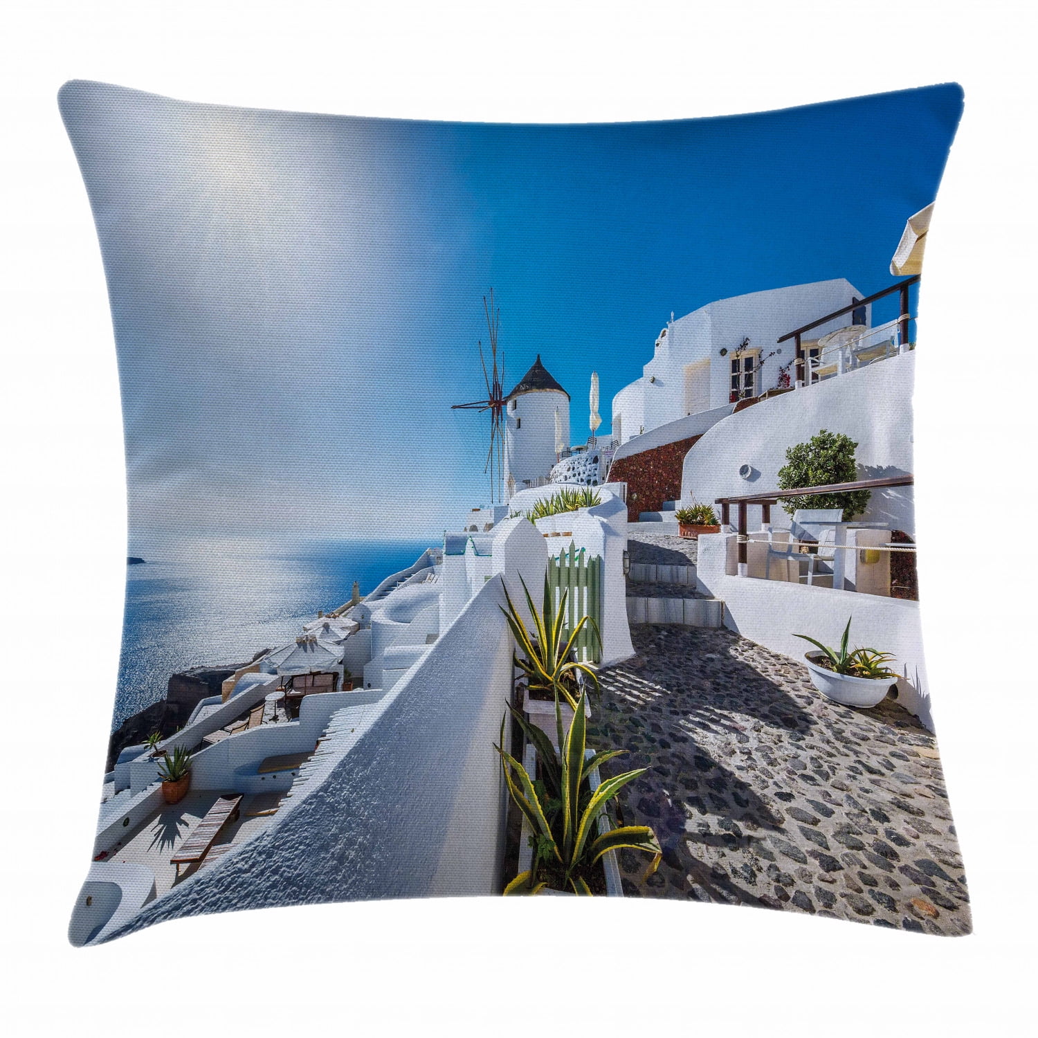 Summer Throw Pillow Cushion Cover, Ancient Oia Village in Santorini ...